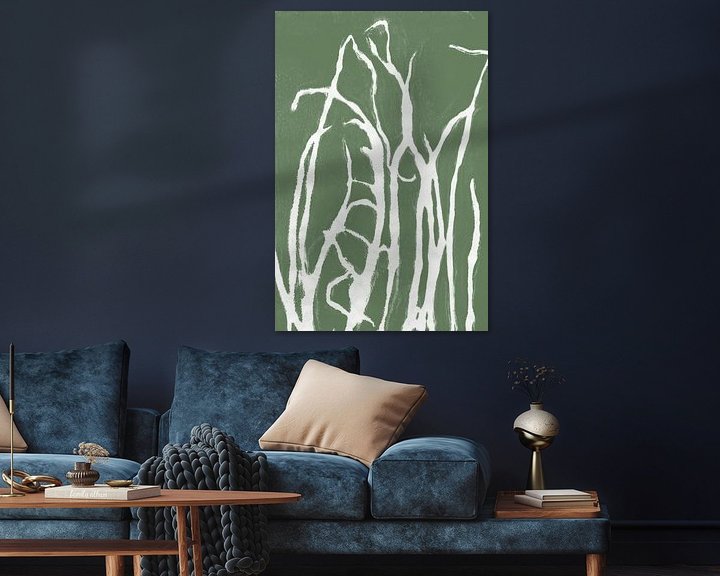 Wit gras in retrostijl. Moderne botanische minimalistische kunst in wit en groen van Dina ...